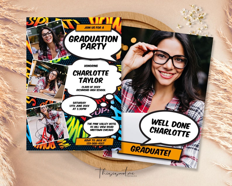 4-photo Graduation Party Invitation Template: Comic Book Design ...