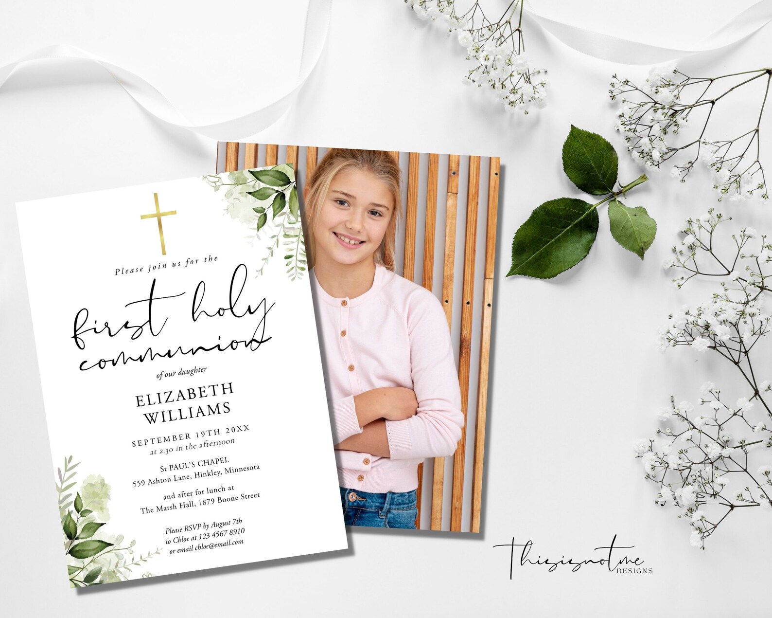 HARMONY First Holy Communion Invitation Template, Greenery Holy ...