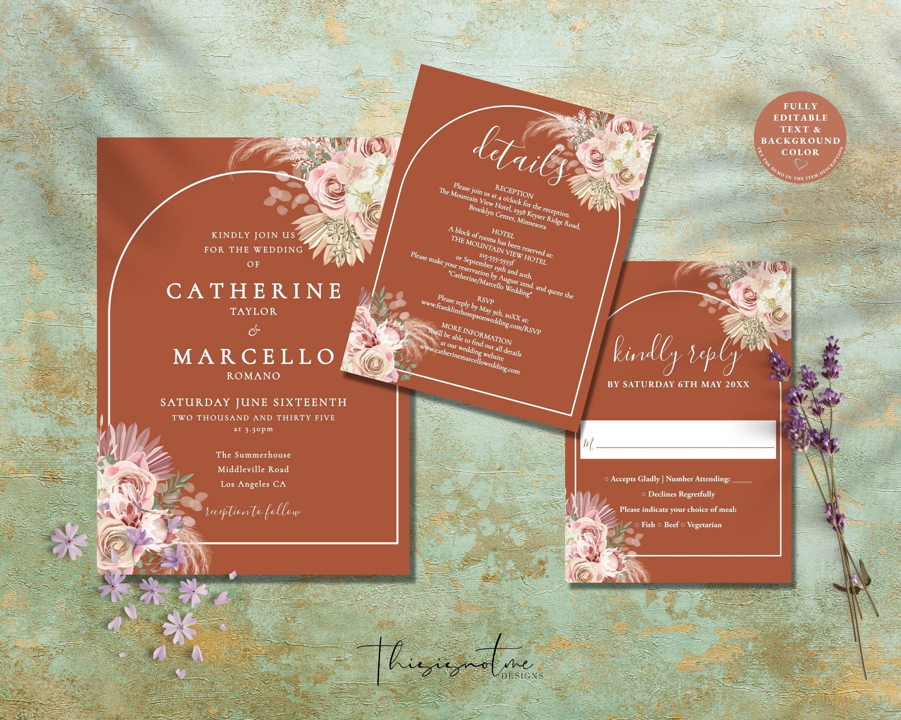 Terracotta Wedding Invitation Template, Boho Pampas Grass Wedding ...