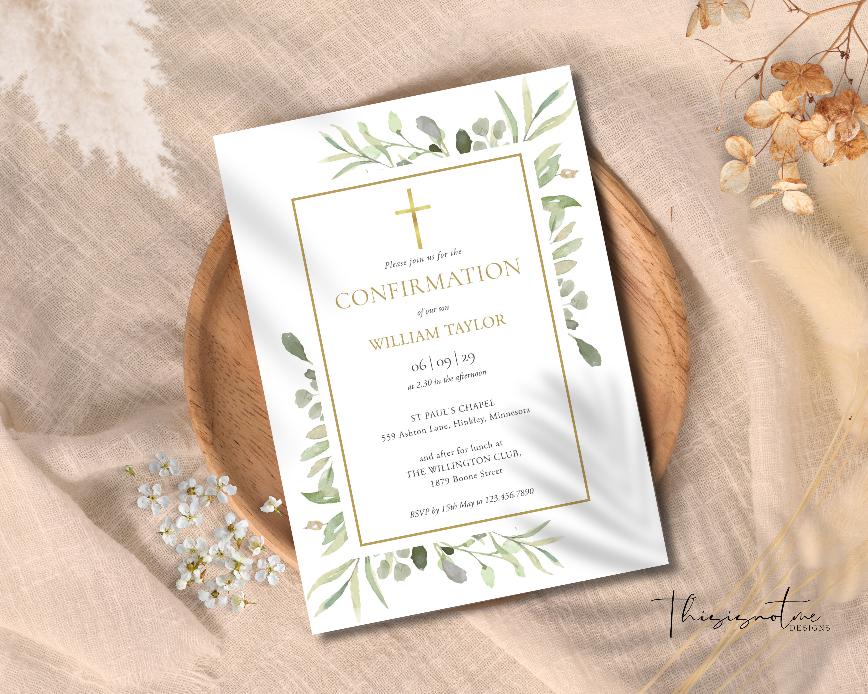 Confirmation Invitation Template: Watercolor Greenery Floral Design ...