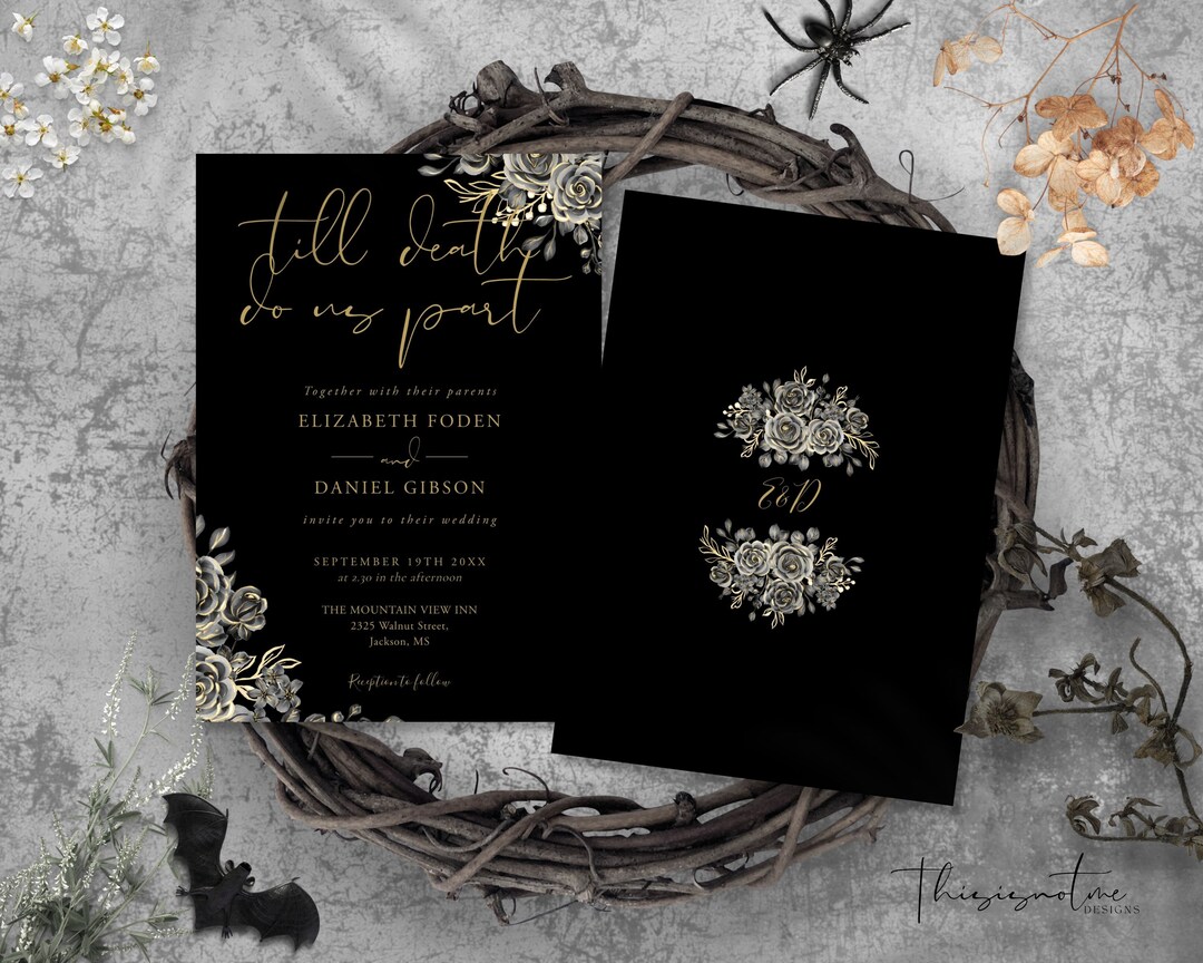 GOYA Gothic Floral Roses Wedding Invitation Template, Goth Black Gold ...