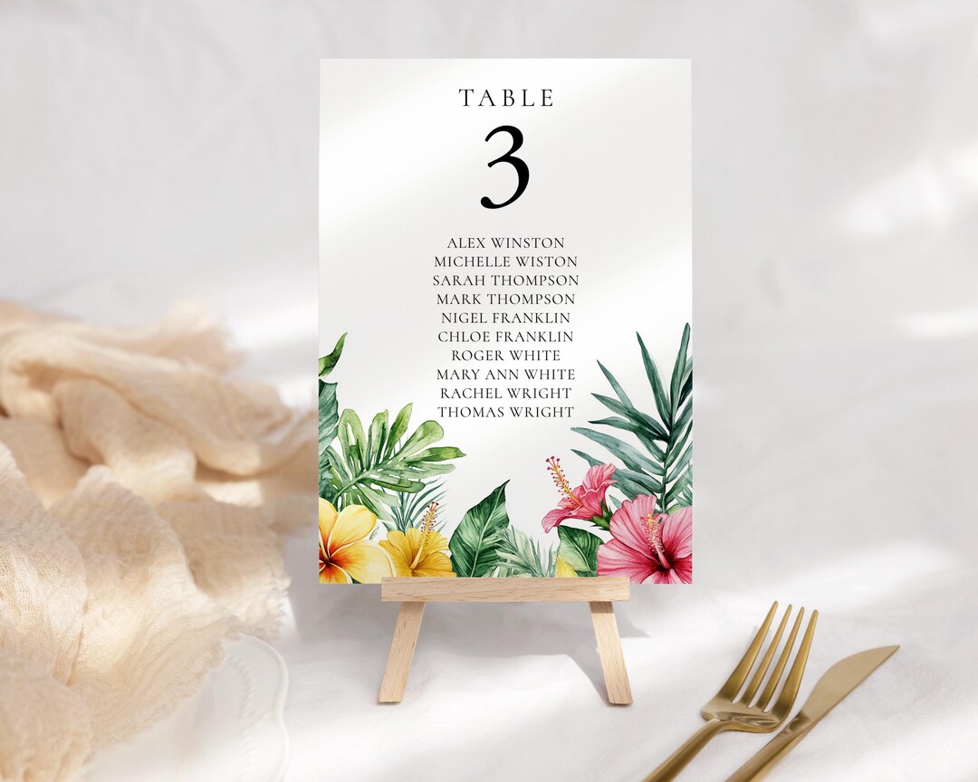 TEFANIA Watercolor Tropical Floral Hawaiian Wedding Table Number, Beach ...