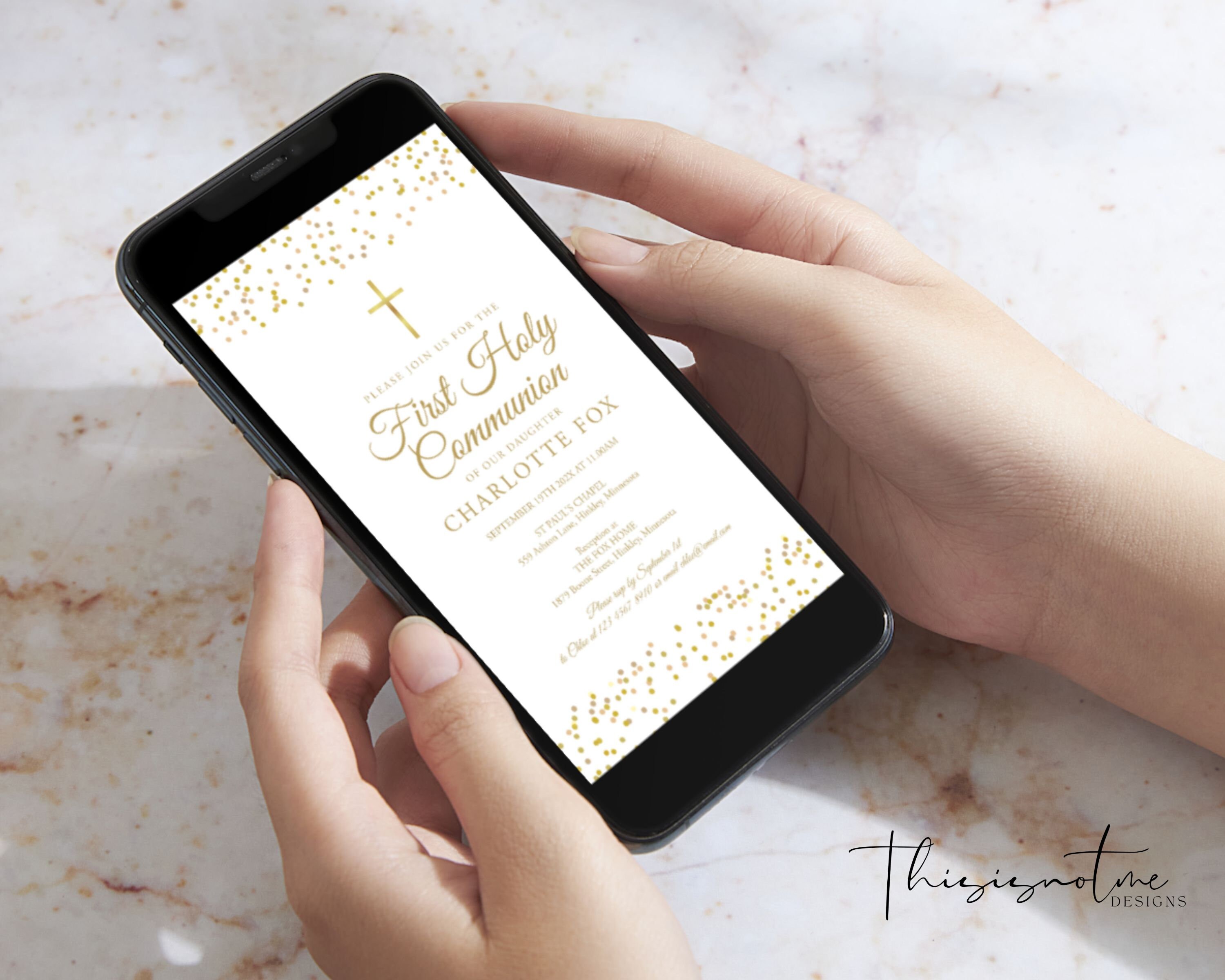Digital First Holy Communion Invitation Template, Modern Gold Holy ...