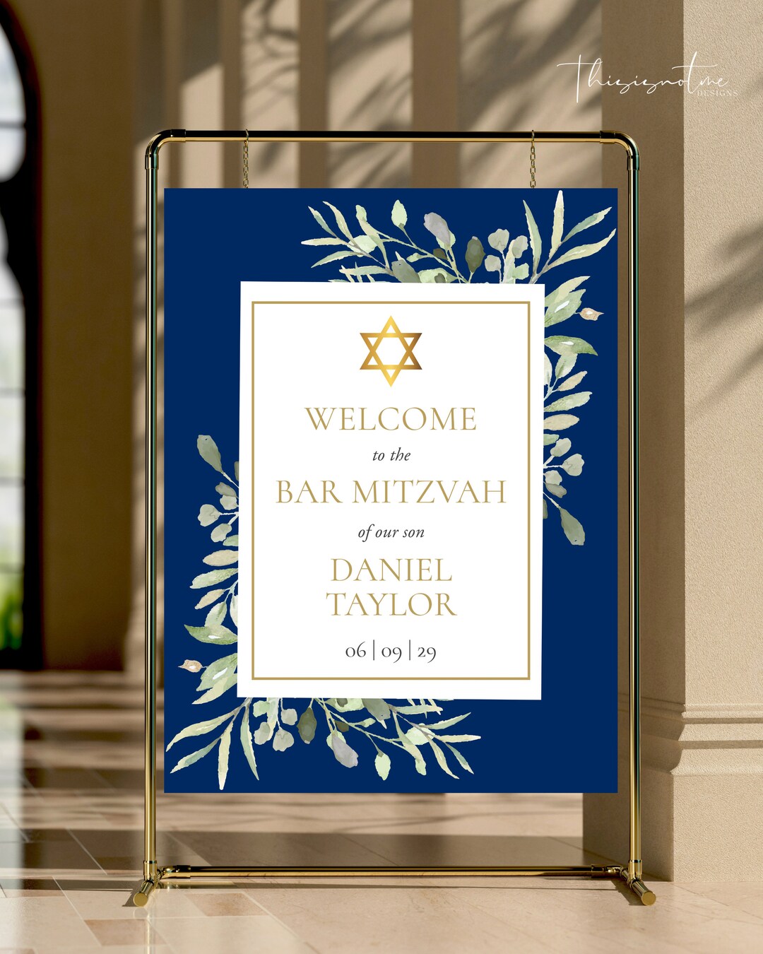 Watercolor Greenery Bar Mitzvah Welcome Sign Template: Navy Blue & Gold ...