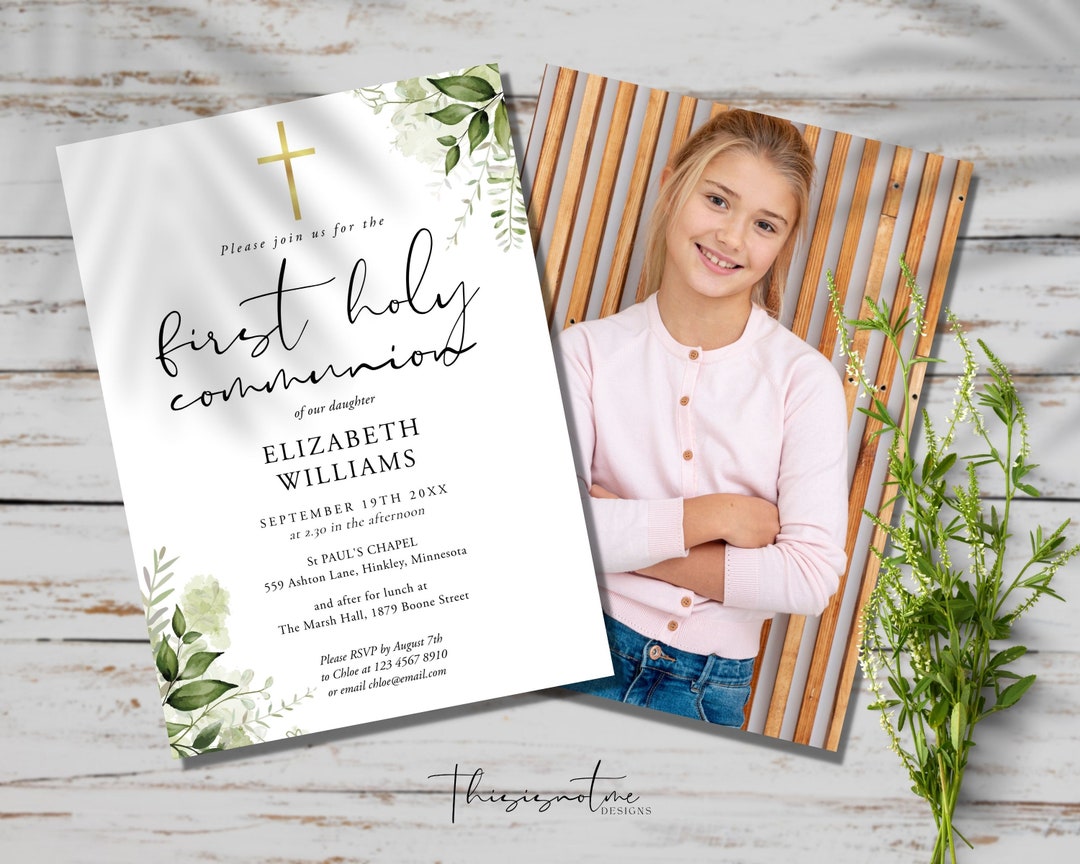HARMONY First Holy Communion Invitation Template, Greenery Holy ...