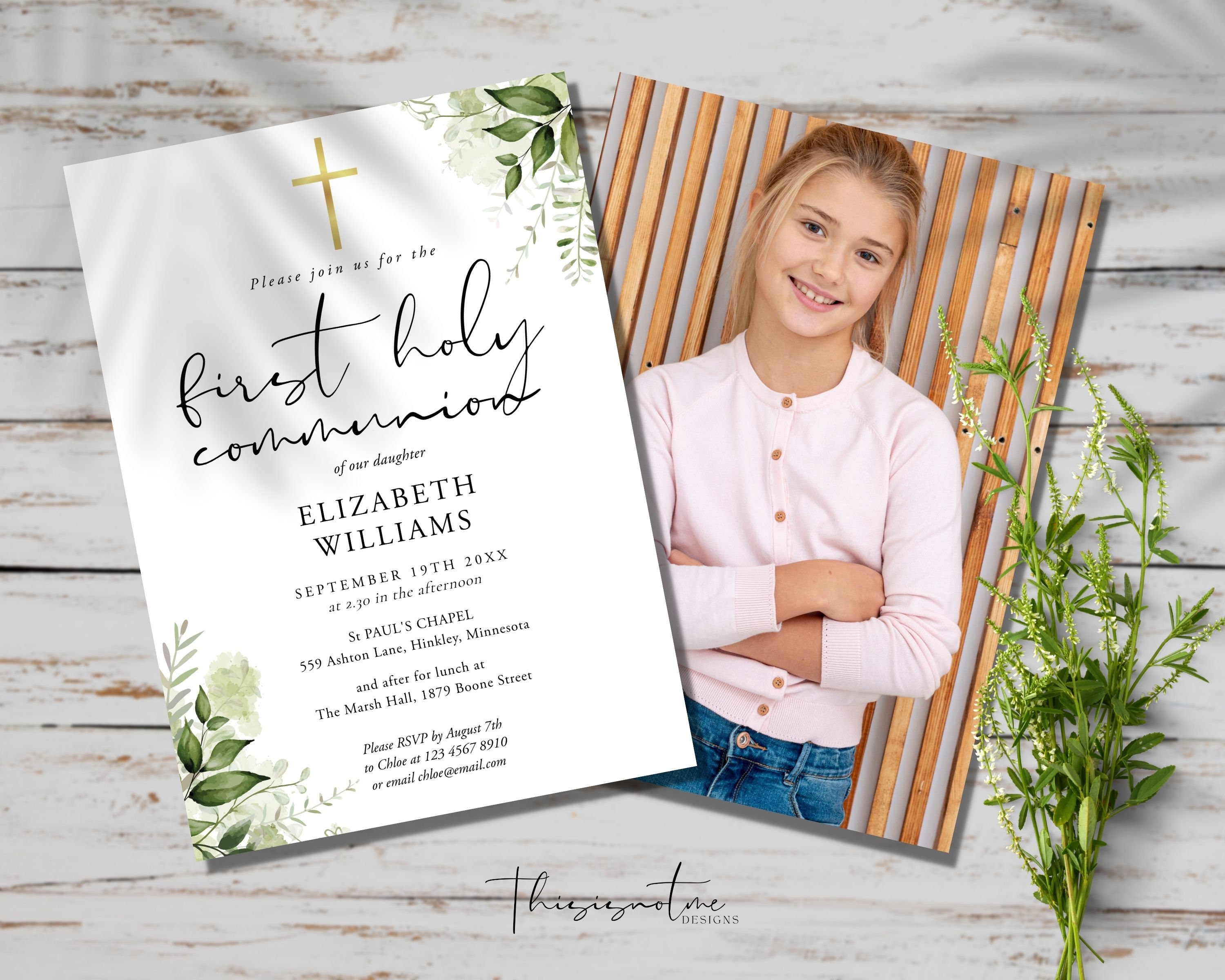HARMONY First Holy Communion Invitation Template, Greenery Holy ...