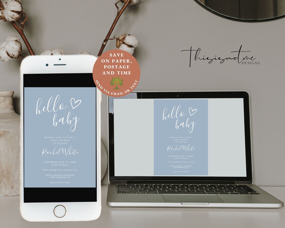 Hello Baby Blue Baby Shower Invitation Template Boy Baby - Etsy