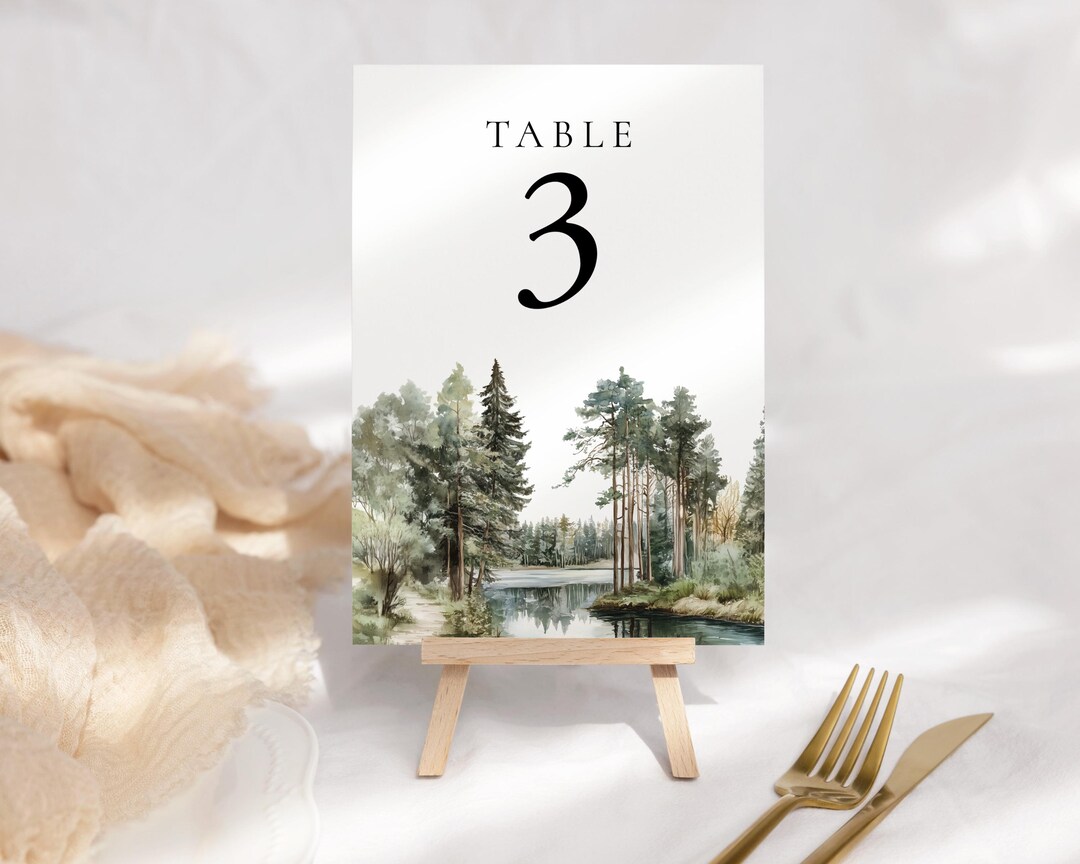 Watercolor Forest Lake Table Number Template: Rustic Wedding (digital ...