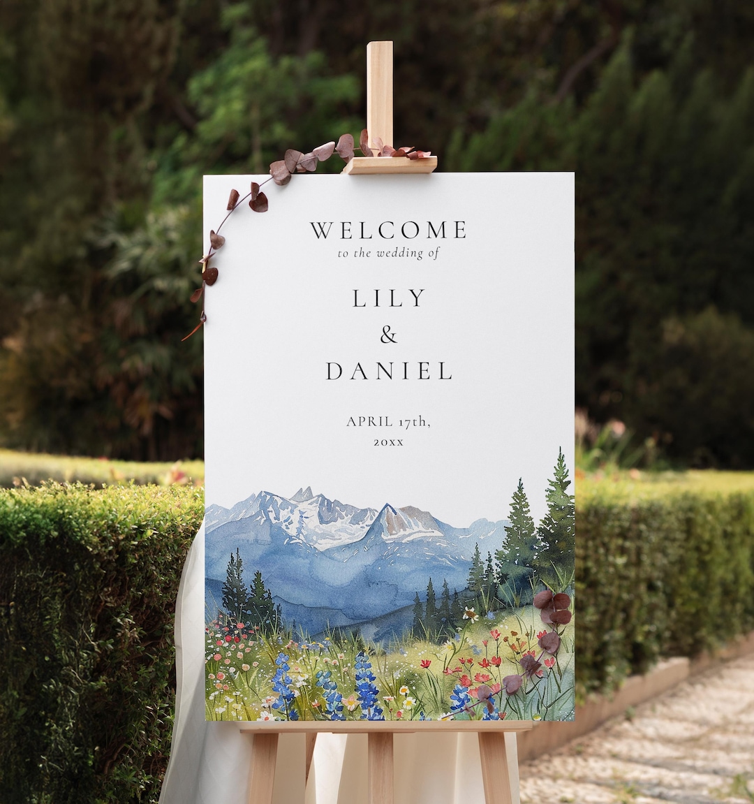 Watercolor Mountain Wedding Welcome Sign Template: Wildflower Floral ...