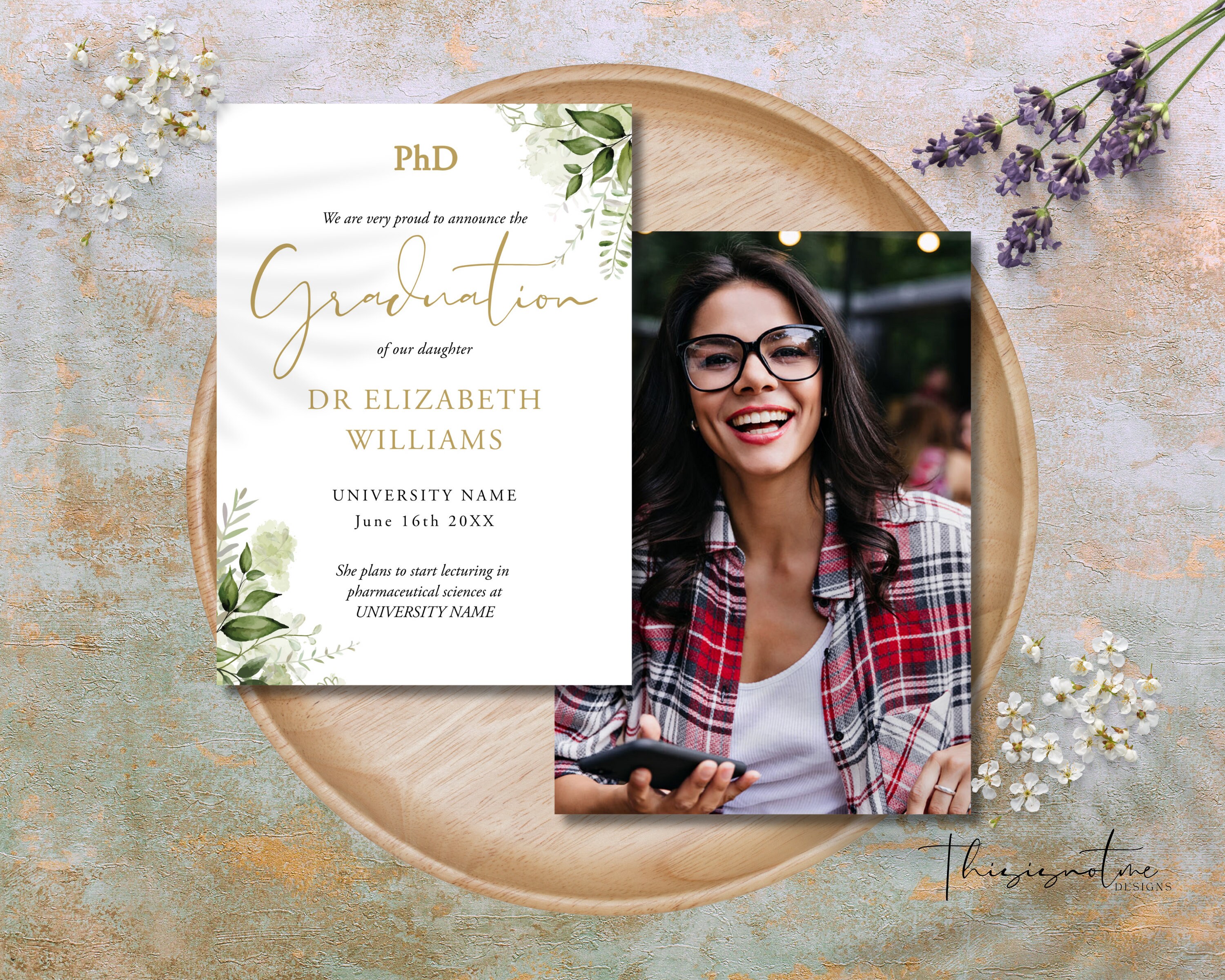 Photo Phd Degree Graduation Announcement Template, Boho Greenery Gold ...