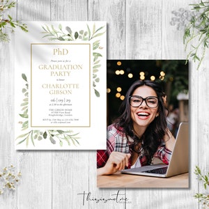 Modern Phd Degree Graduation Invitation, Greenery Phd Graduation Party ...