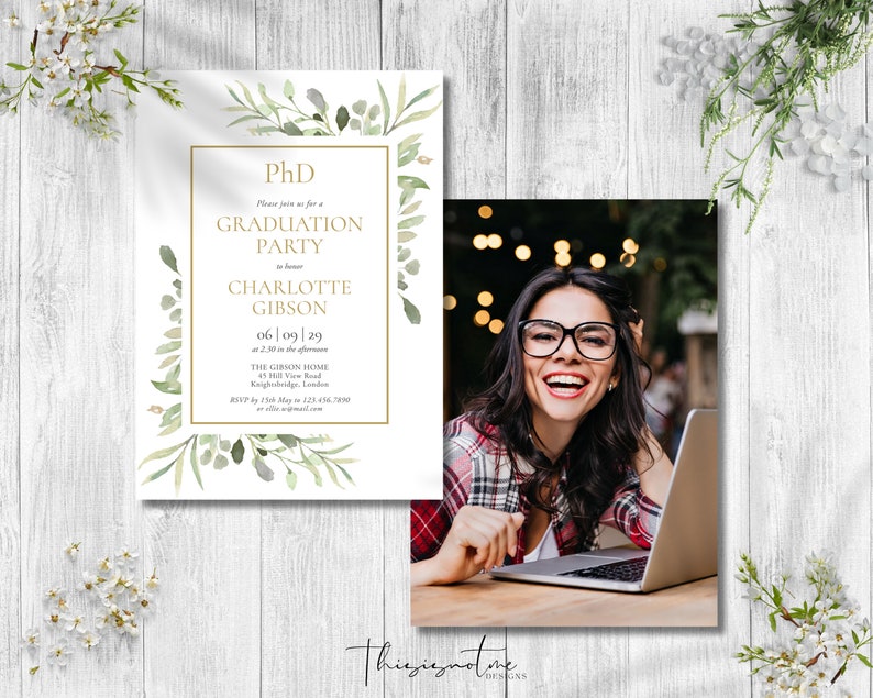Modern Phd Degree Graduation Invitation, Greenery Phd Graduation Party ...