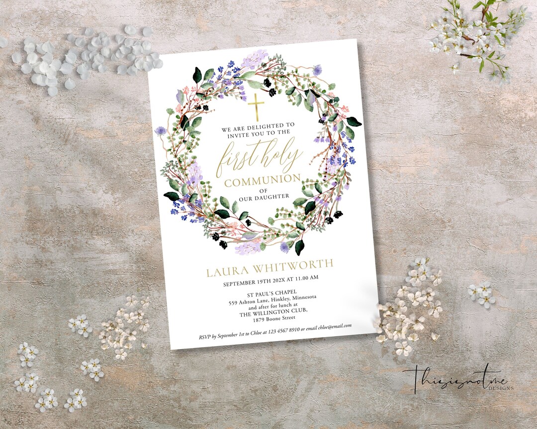 First Communion Invitation Template, Rustic Lavender Flowers, Editable ...