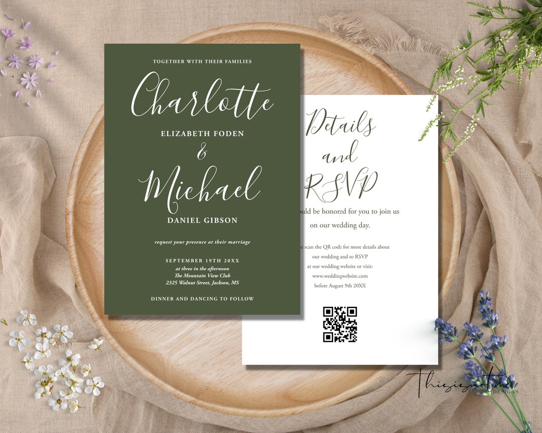 Signature Script Wedding Invitation QR Code Invite, Olive Minimalist ...