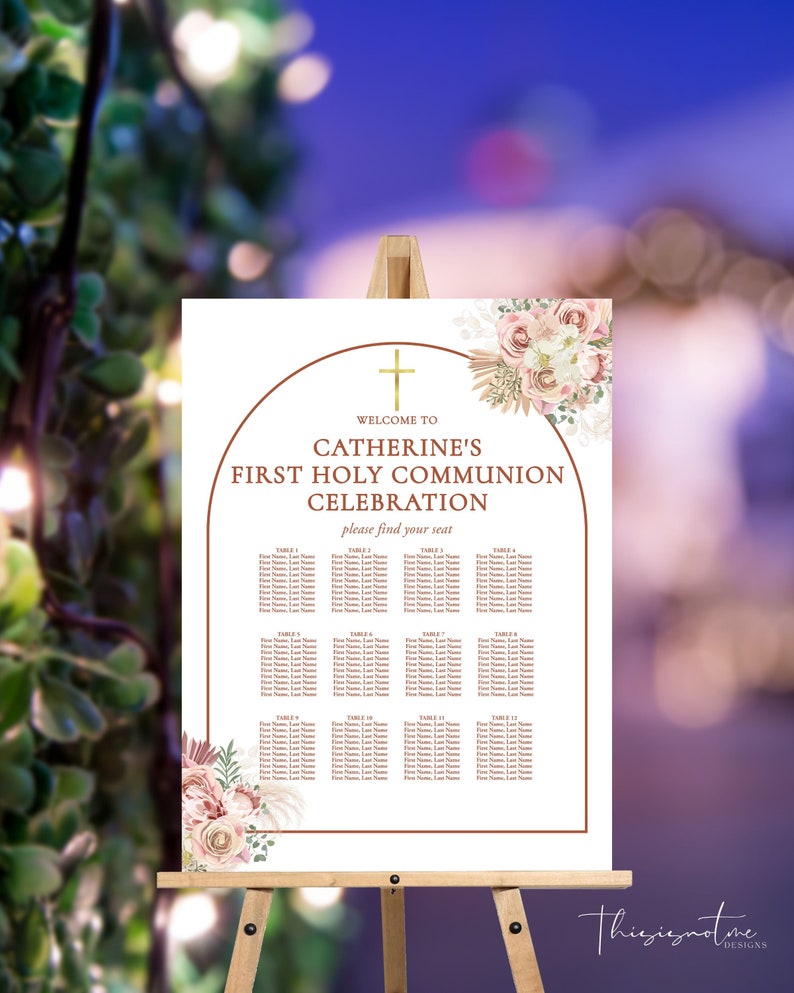 Boho Pampas Grass Seating Chart: Baptism, First Communion, Confirmation ...