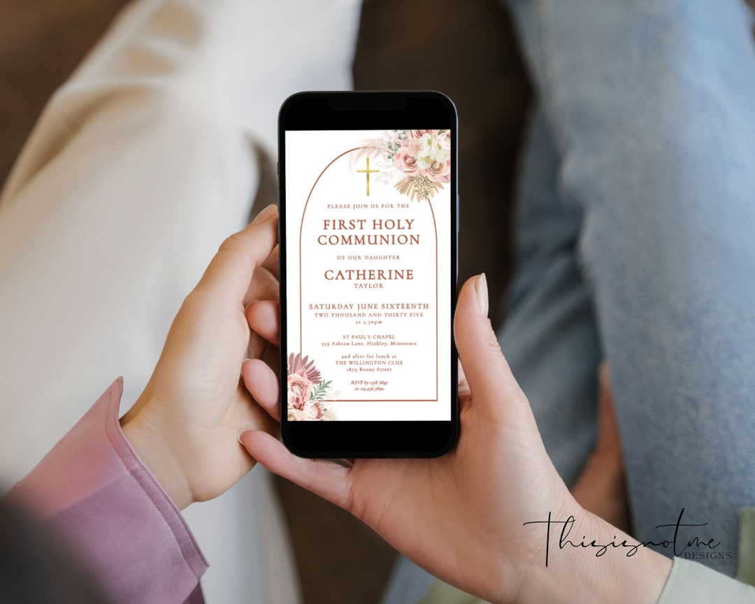 Digital First Holy Communion Text Invitation Template, Pink Floral Arch ...