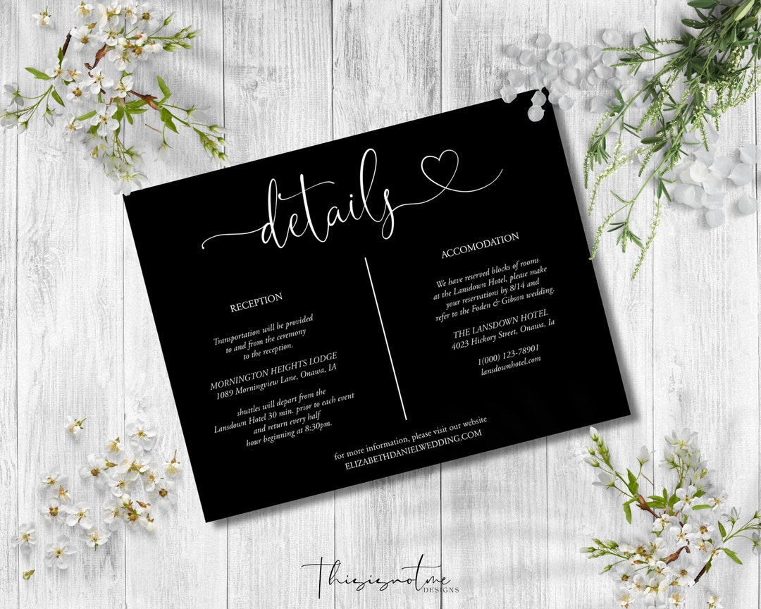 Wedding Details Card Template, Elegant Heart Script Details Card, Boho ...