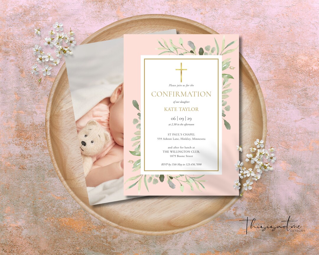 Pink Confirmation Invitation Template, Editable, Greenery Confirmation ...