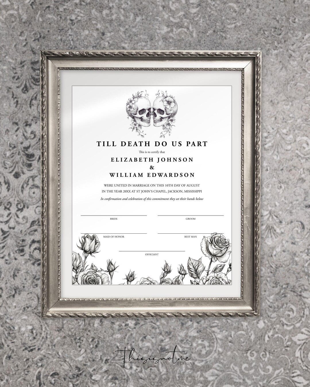 GEMINA Floral Skulls Gothic Marriage Certificate Printable Template ...