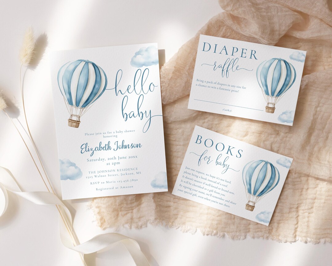 Hello Baby Blue Hot Air Balloon Boy Baby Shower Invitation Set (digital ...