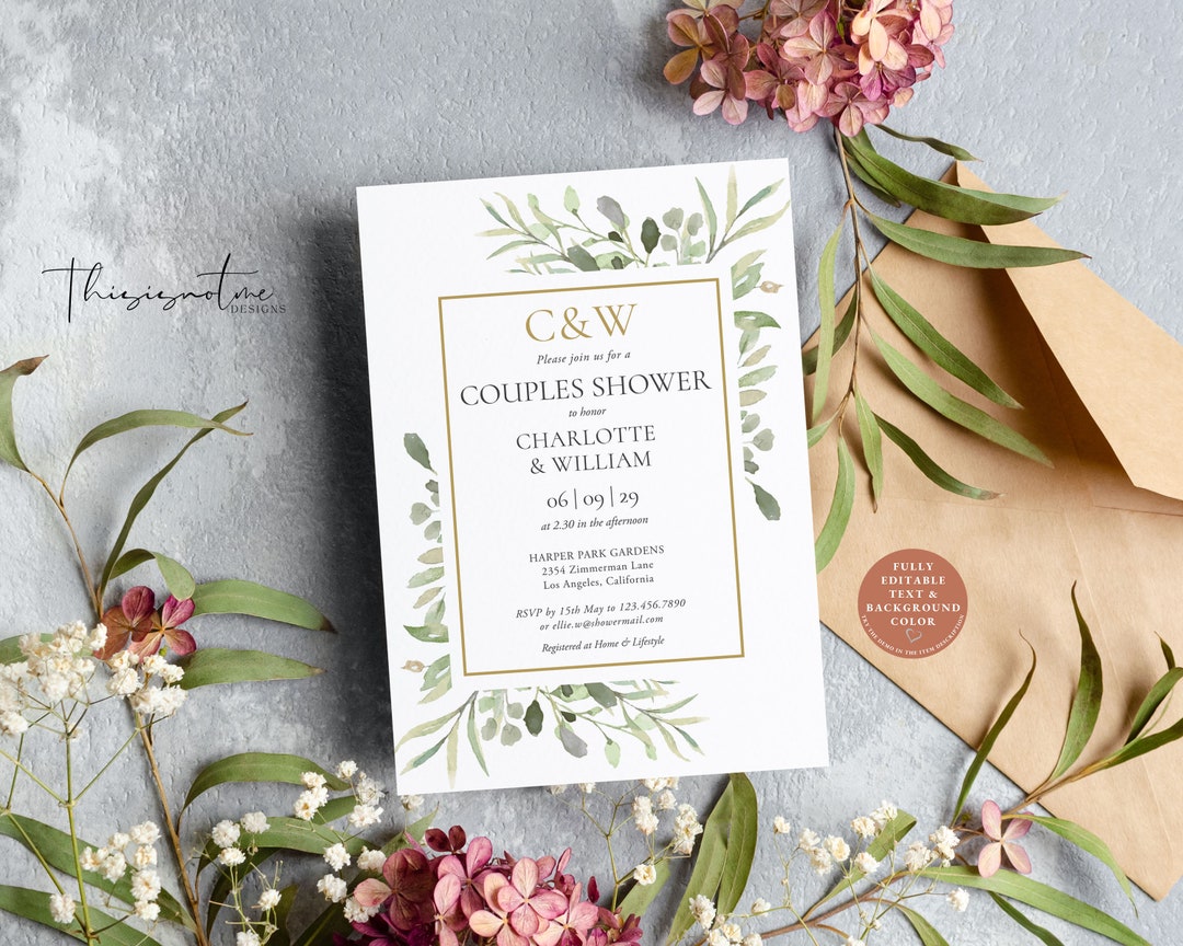 Couples Shower Invitation Template: Greenery Floral, Gold Monogram ...