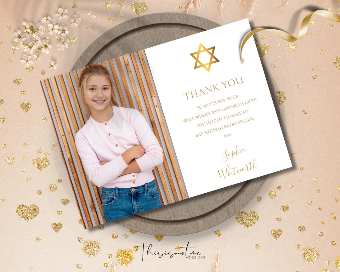 Simple Gold Bat Mitzvah Thank You Card Template, Photo Thank You Note ...