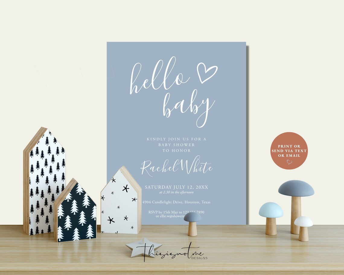 Hello Baby Blue Baby Shower Invitation Template Boy Baby - Etsy