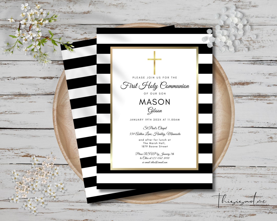 First Holy Communion Invitation Template, Classic Modern Black Gold ...