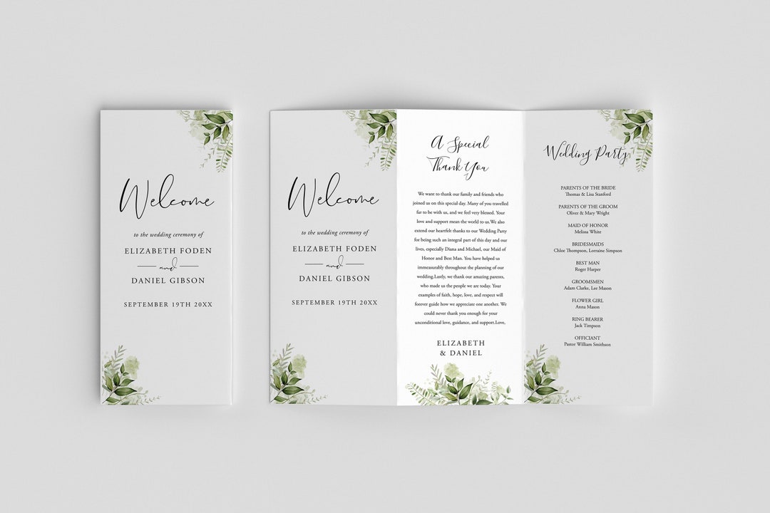 Modern Trifold Wedding Program Template, Greenery Tri-fold Wedding ...
