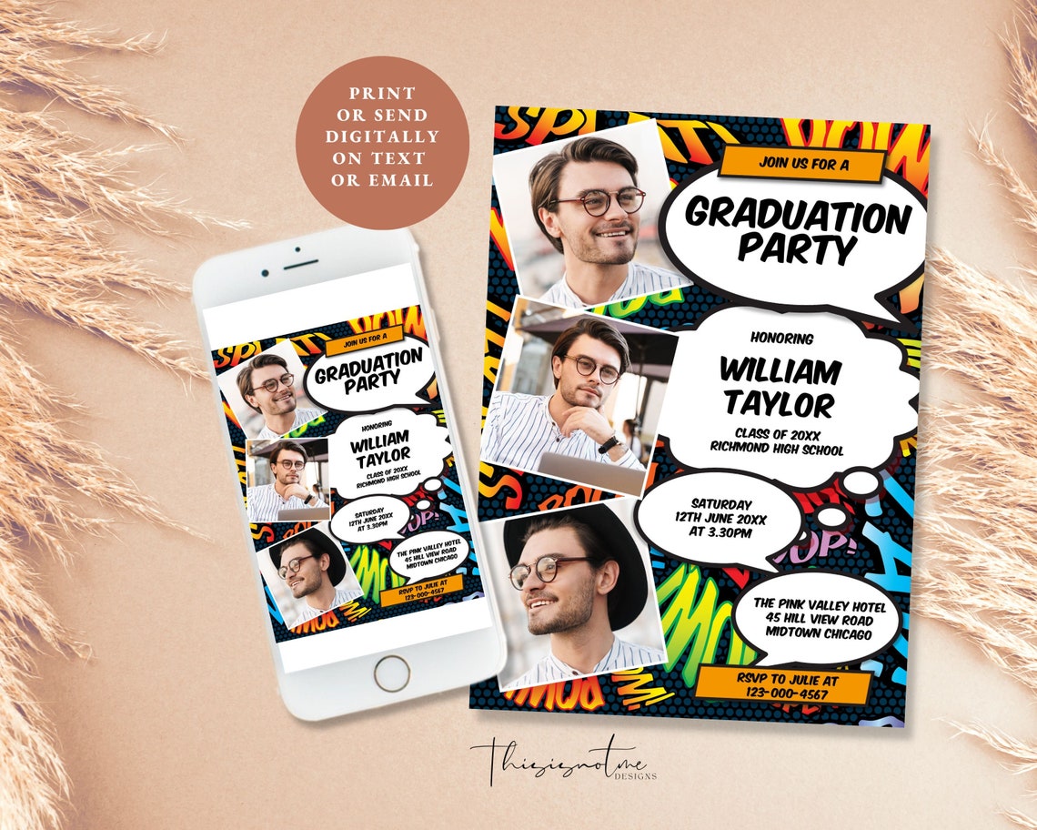 4-photo Graduation Party Invitation Template: Comic Book Design ...