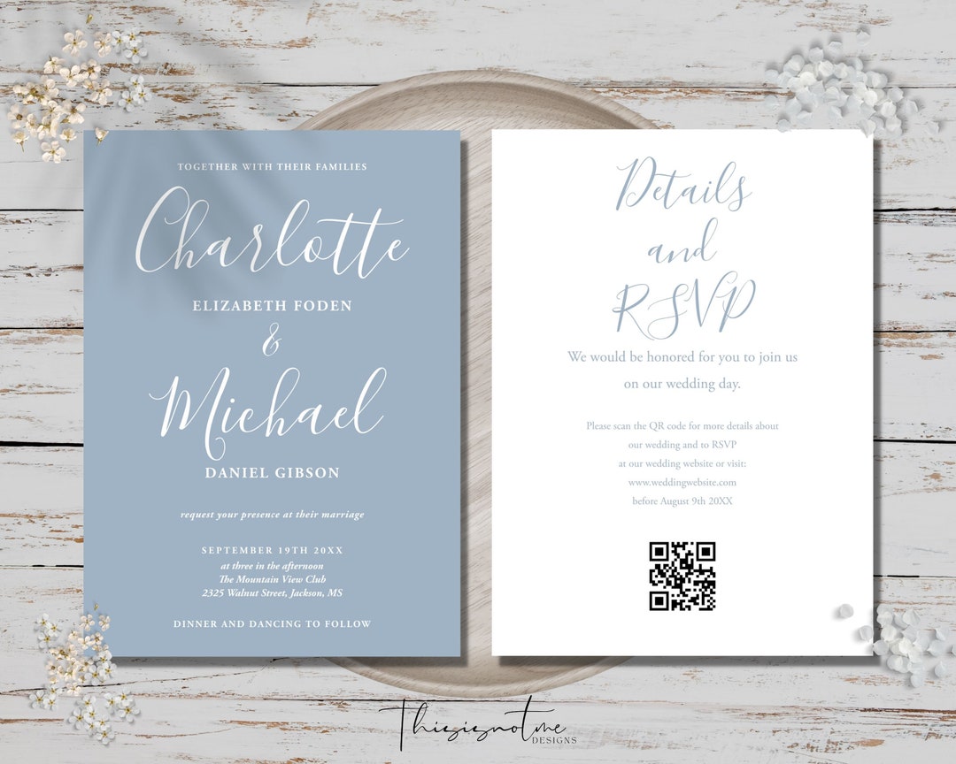 Signature Wedding Invitation QR Code, Dusty Blue Minimalist Wedding ...