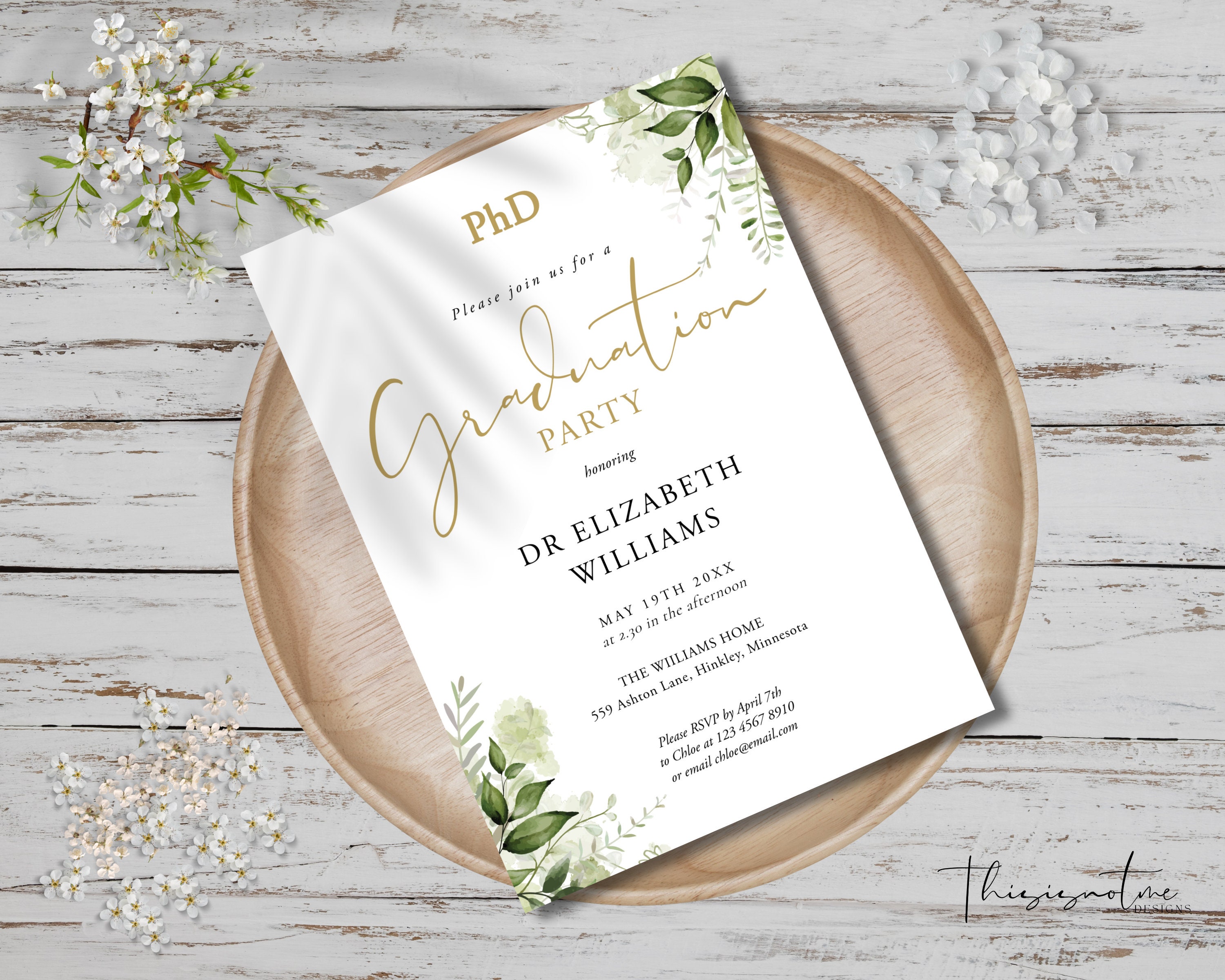 Greenery Phd Graduation Party Invitation Template, Modern Gold Phd ...