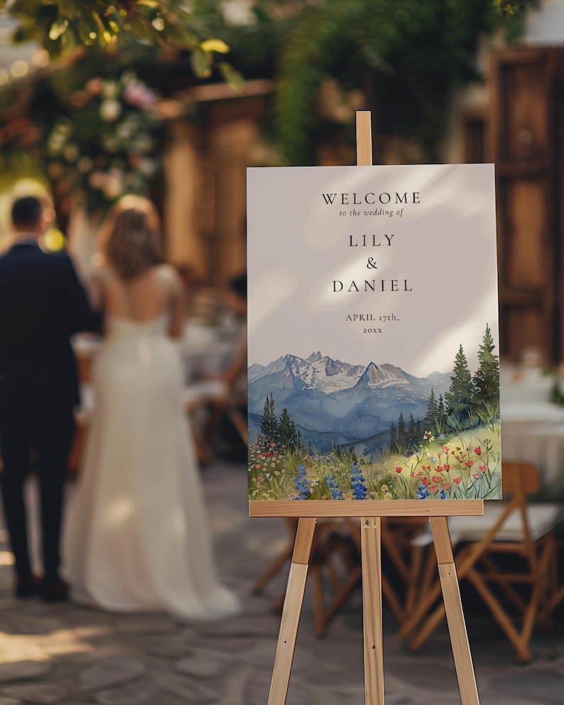 Watercolor Mountain Wedding Welcome Sign Template: Wildflower Floral ...