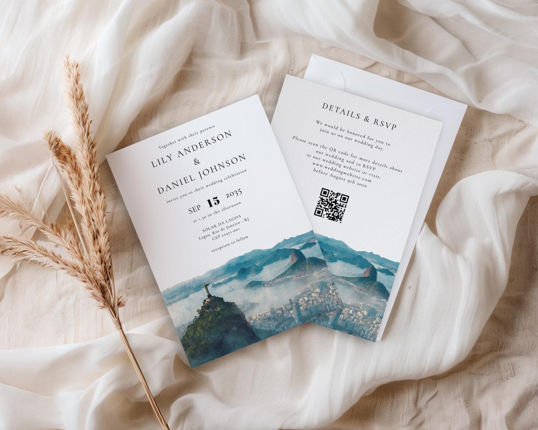 Watercolor Rio Brazil Wedding Invitation Template With QR Code (digital ...
