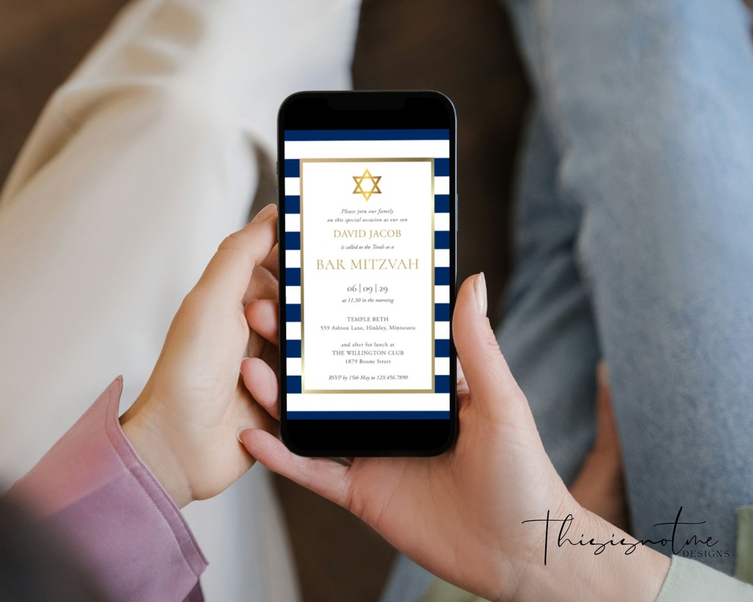 Navy Gold Bar Mitzvah Text Invitation: Jewish Star of David Evite ...