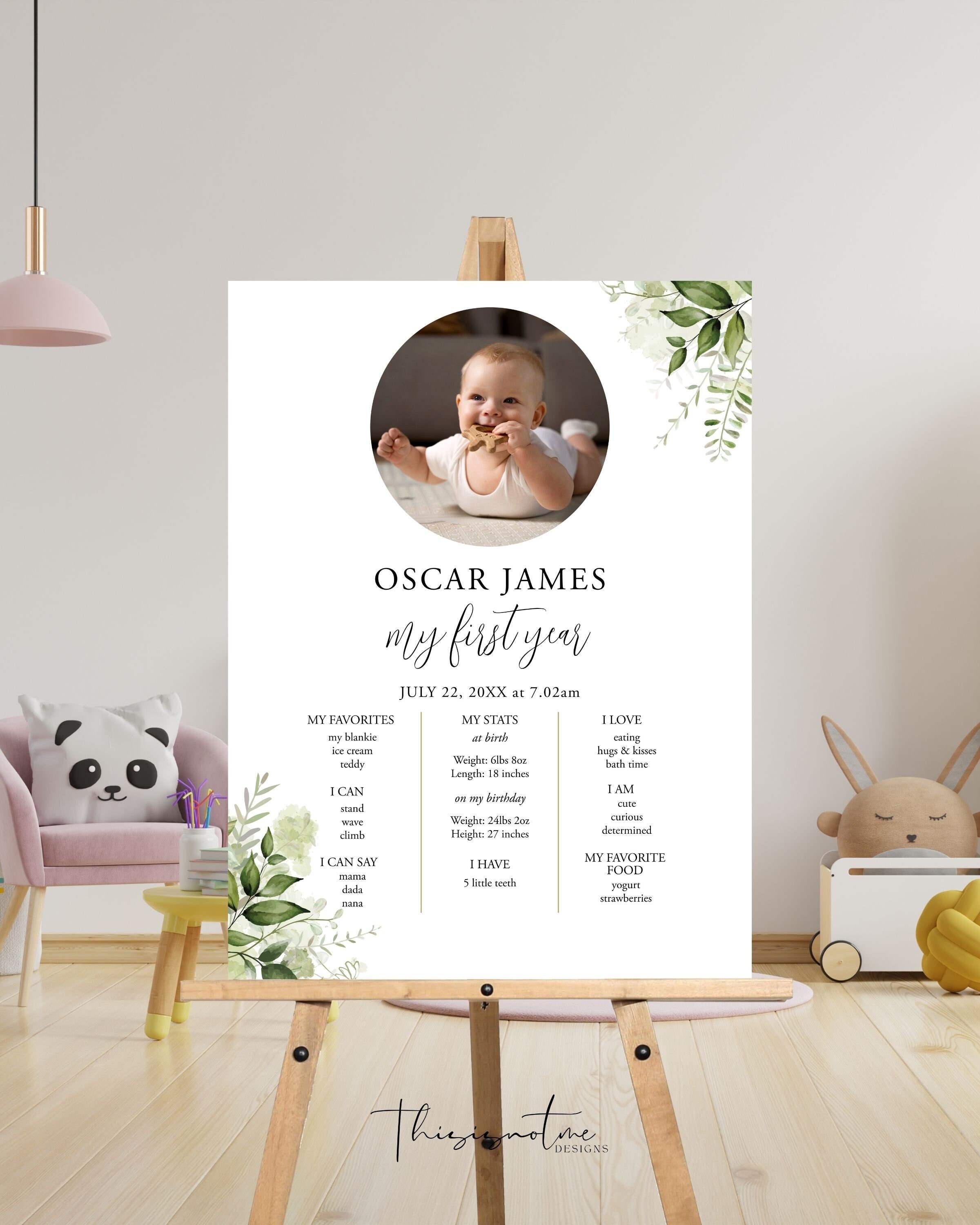 HARMONY First Birthday Milestone Photo Poster Template, Greenery 1st ...