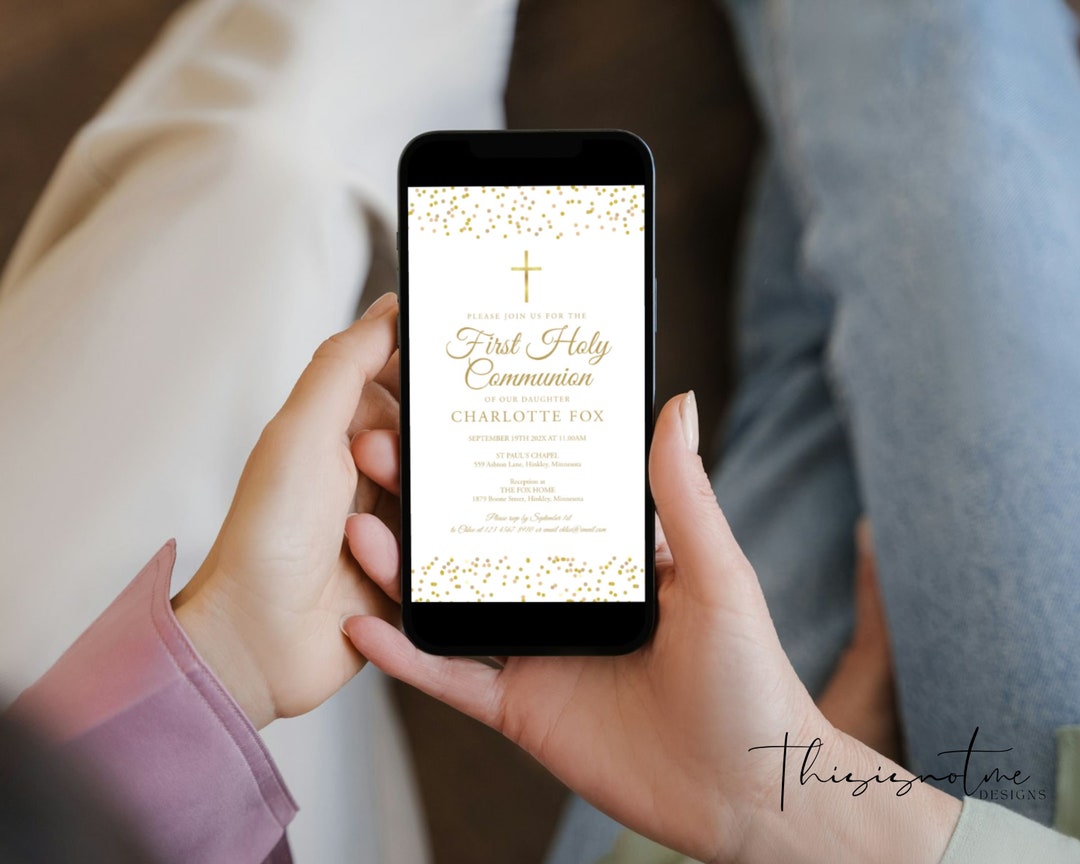 Digital First Holy Communion Invitation Template, Modern Gold Holy ...