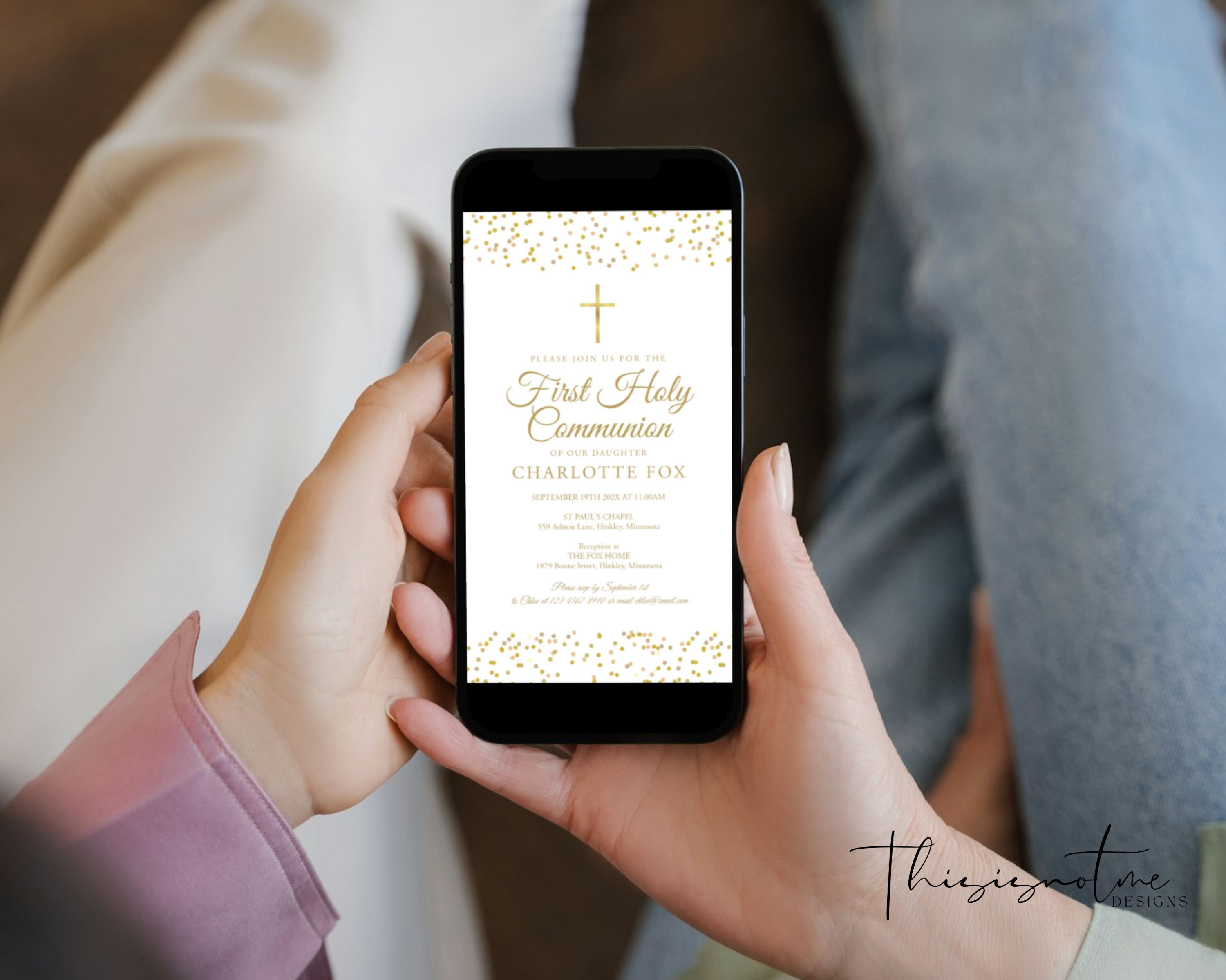 Digital First Holy Communion Invitation Template, Modern Gold Holy ...