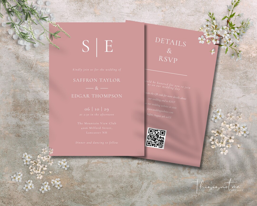 Minimalist QR Code Wedding Invitation Template, Chic Monogram Wedding ...