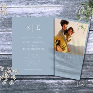 Dusty Blue Photo Wedding Invitation Template, Modern Monogram QR Code ...