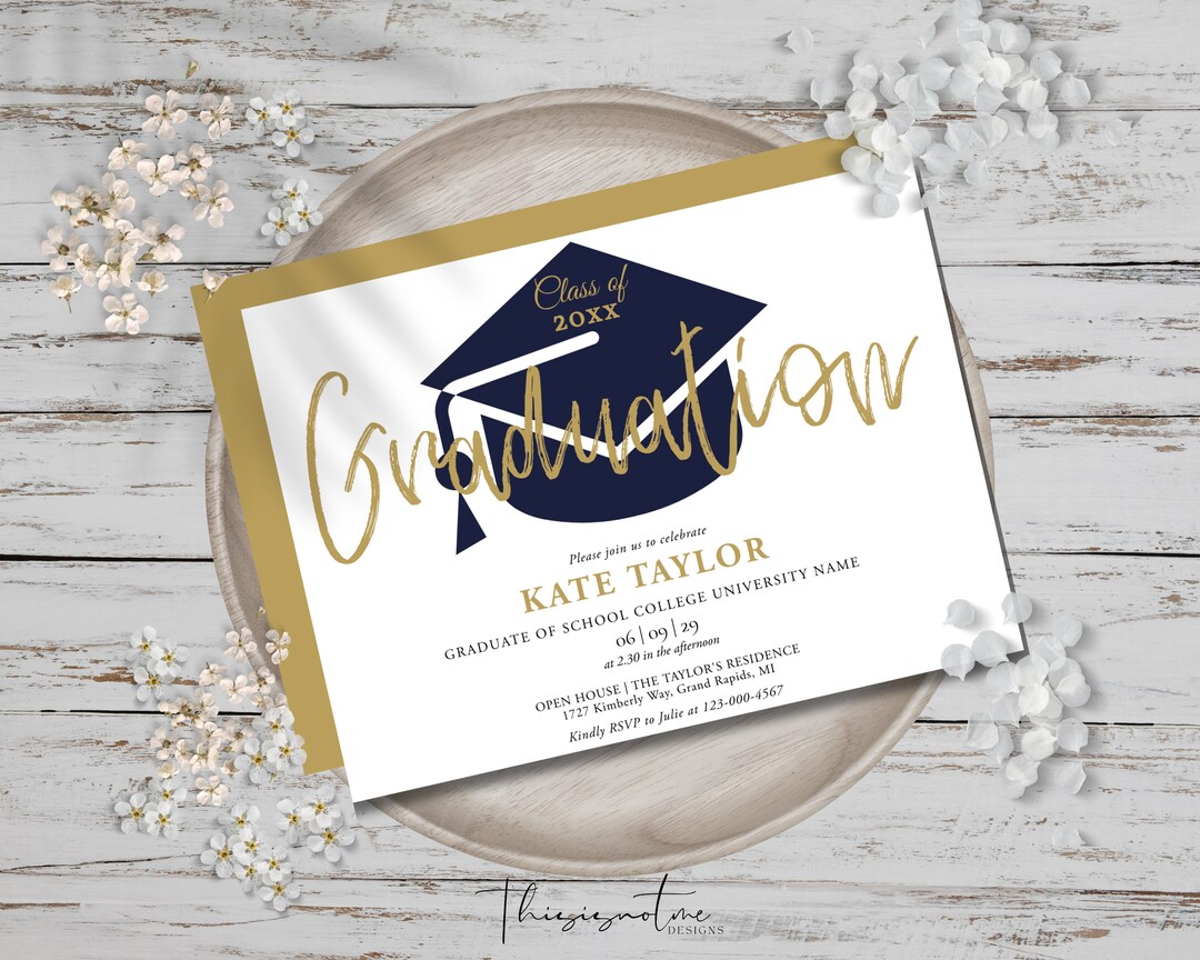 Minimalist Graduation Party Invitation Template: Gold Calligraphy ...