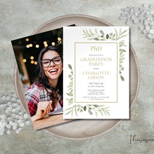 Modern Phd Degree Graduation Invitation, Greenery Phd Graduation Party ...