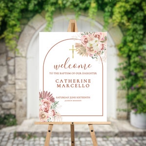 Baptism Welcome Sign Template, Pink Flowers, Pampas Grass Boho Welcome ...
