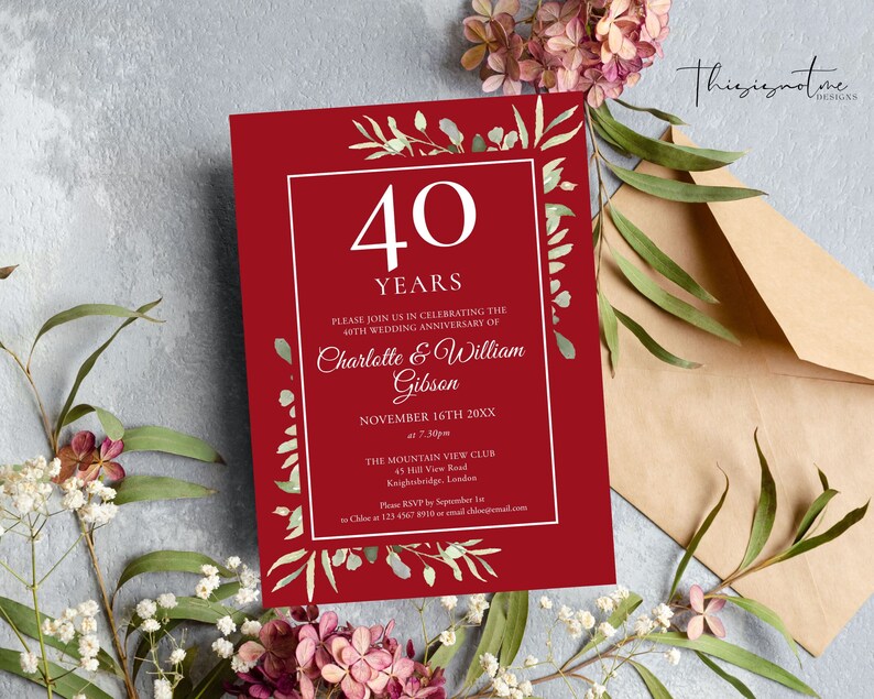 40th Anniversary Ruby Red Wedding Invitation Template - Etsy