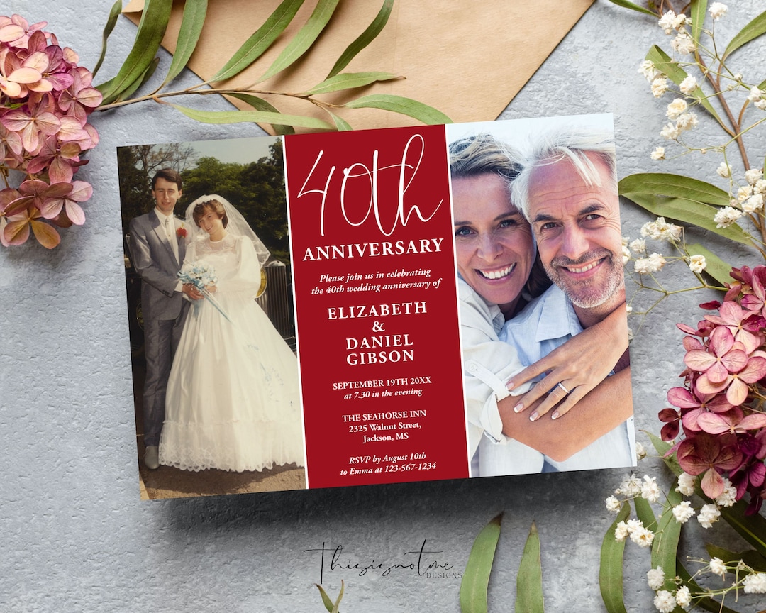 Ruby 40th Anniversary Invitation Template: Then & Now Photo (digital ...
