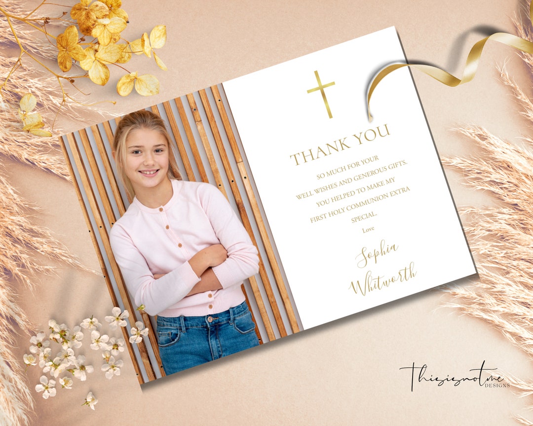 First Communion Thank You Card Template, Photo Thank You Note, Editable ...