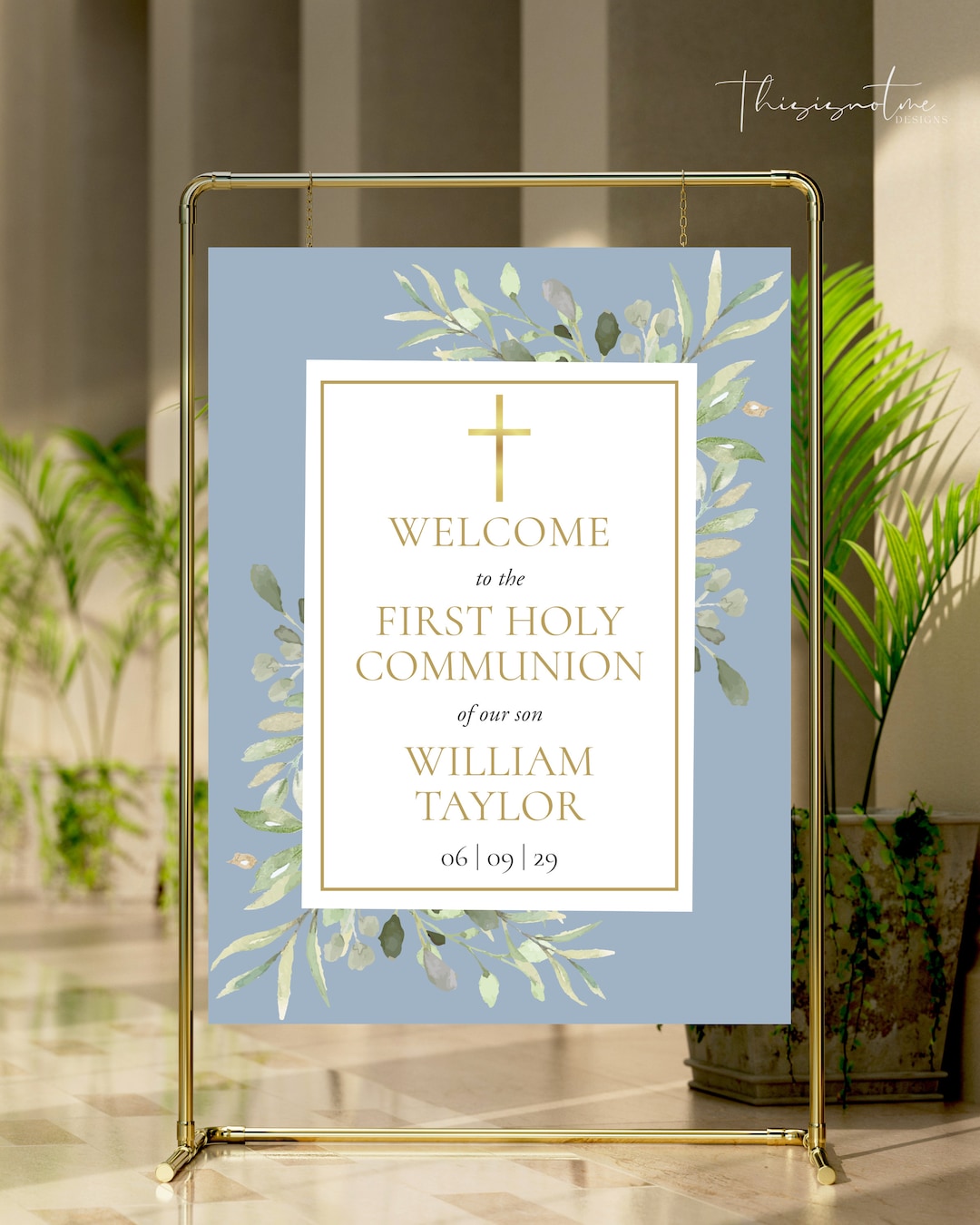 Blue First Holy Communion Welcome Sign Template, Printable Greenery ...
