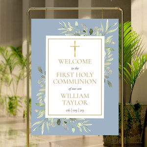 Blue First Holy Communion Welcome Sign Template, Printable Greenery ...