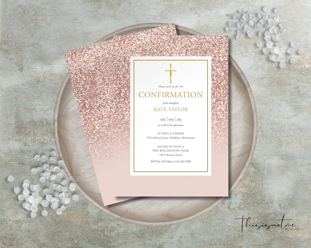 Pink Confirmation Invitation Template, Pink Glitter Confirmation ...