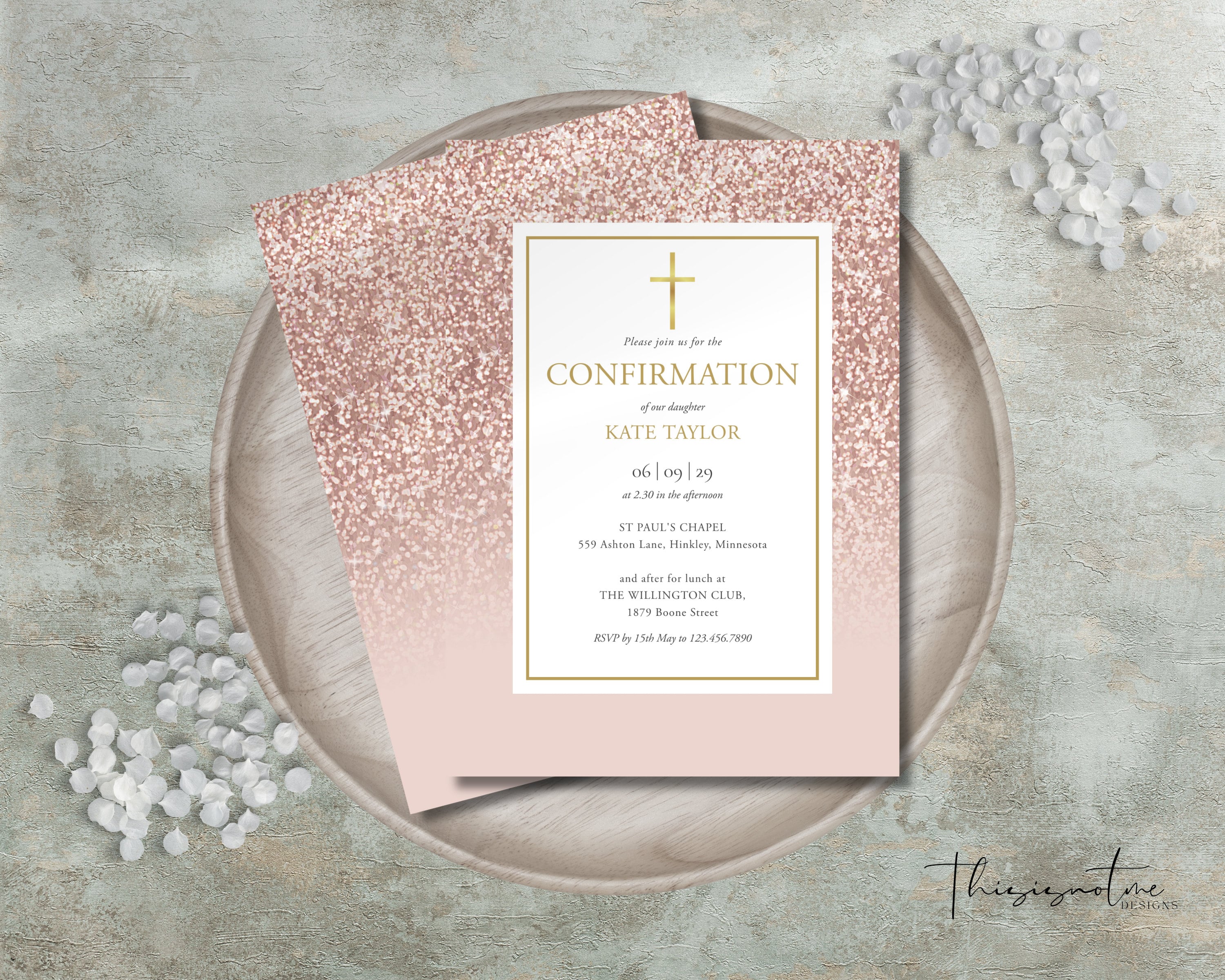 Pink Confirmation Invitation Template, Pink Glitter Confirmation ...